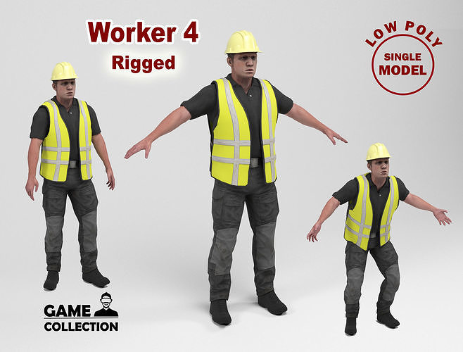 3D model Worker 4 construction wearing vest VR / AR / low-poly | CGTrader