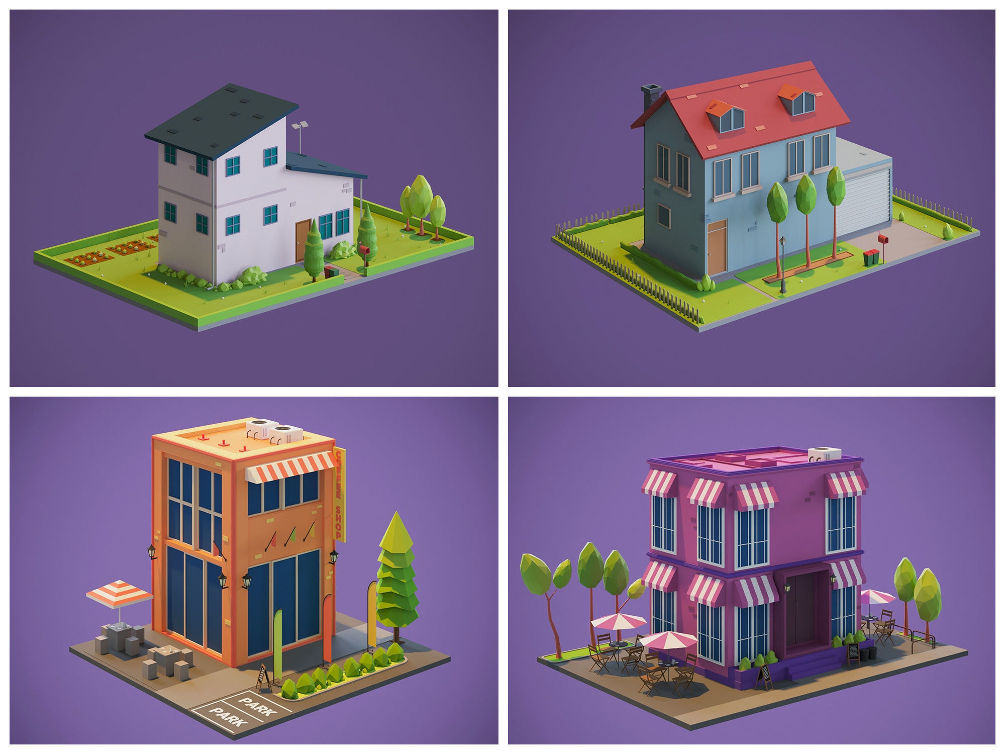 Cartoon Houses and Buildings 3D Model Collection VR / AR / low-poly ...