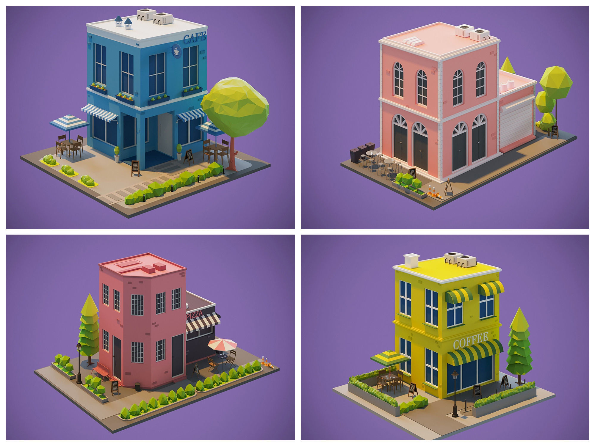 Cartoon Houses and Buildings 3D Model Collection VR / AR / low-poly ...