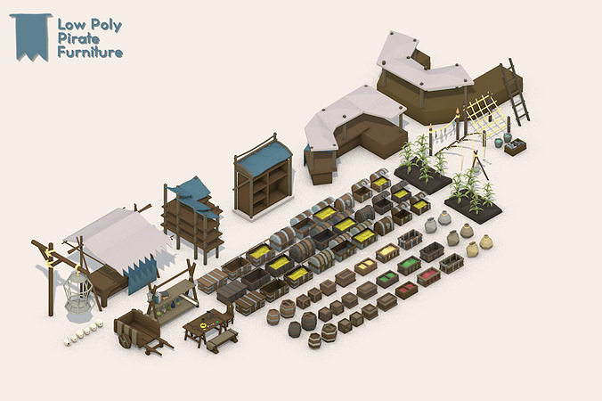 3D model Low Poly Pirate House Fittings - Furniture Asset Pack VR / AR ...