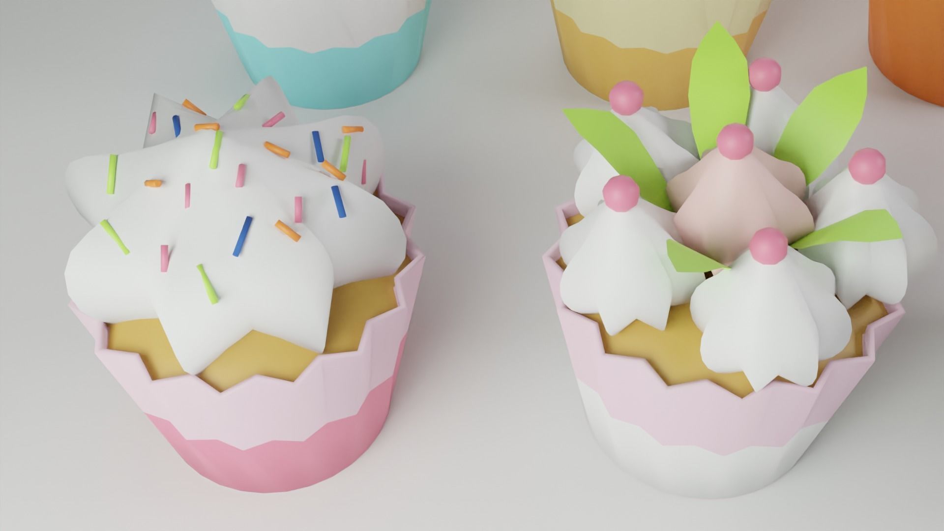 3D model Lowpoly Cupcake Set cupcakes with icing and decorations VR ...