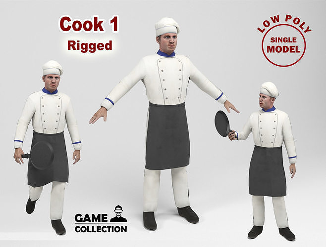 3D model Cook 1 chef holding frying pan VR / AR / low-poly | CGTrader