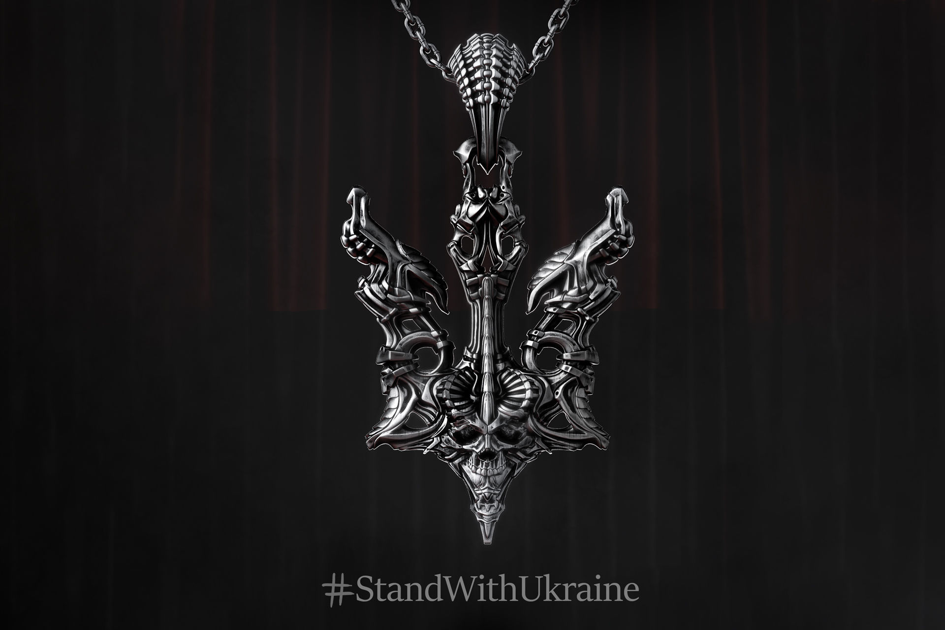 Biomechanical Trident Skull Pendant 3D model 3D printable | CGTrader