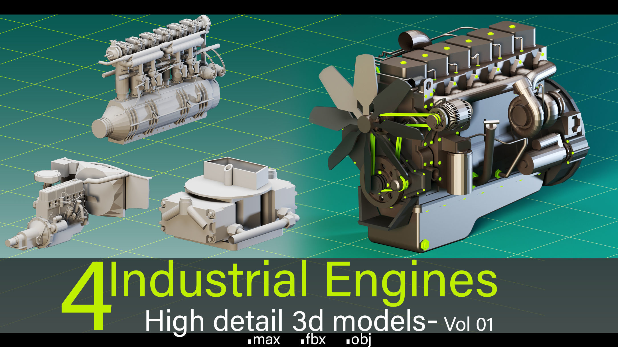 3D model 3 in one-14 Industrial Engines- High detail 3d models VR / AR ...