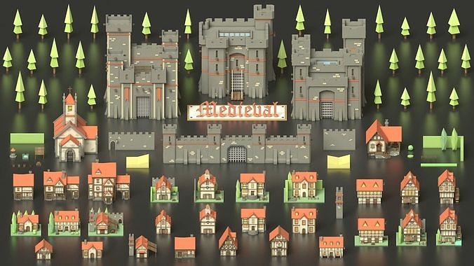 3D model Low Poly Medieval Middle Age City 3D Asset Pack VR / AR / low ...