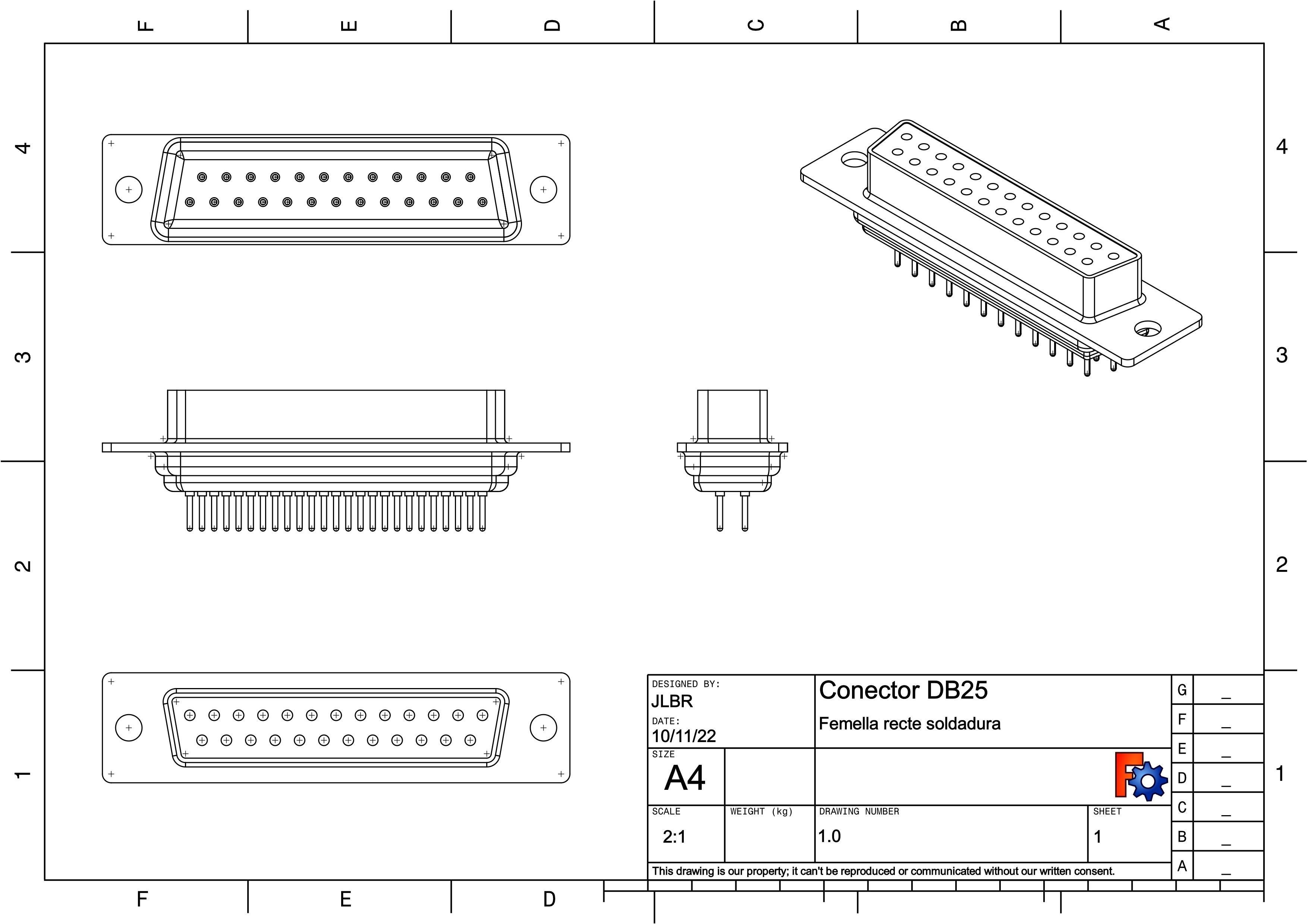 DB25 female connector through hole 3D model | CGTrader