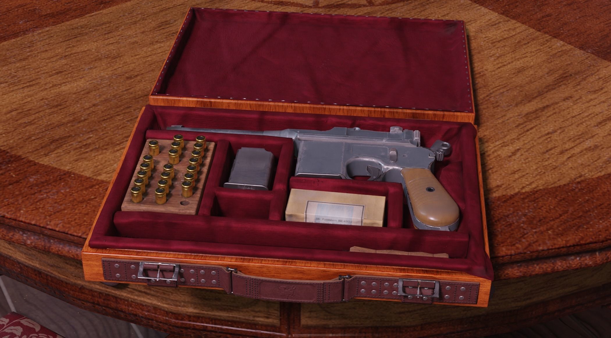 3D model Mauser C96 Broomhandle with carry case low poly game asset VR ...