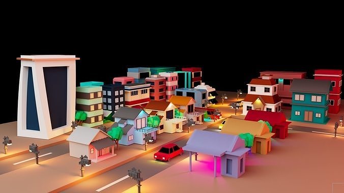 Low Poly Night Cityscape Environment 3D model | CGTrader