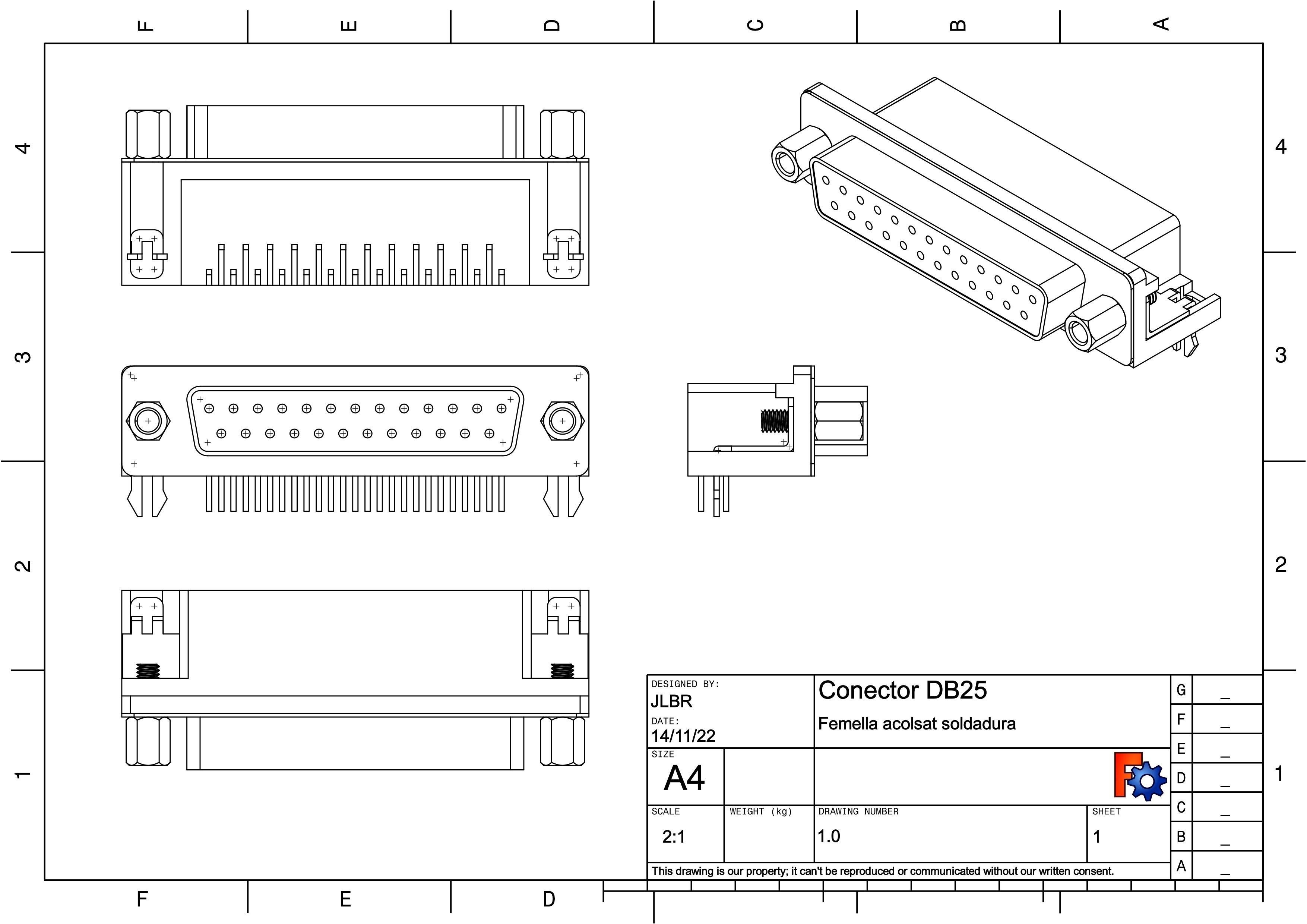DB25 female connector elbow through hole 3D model | CGTrader