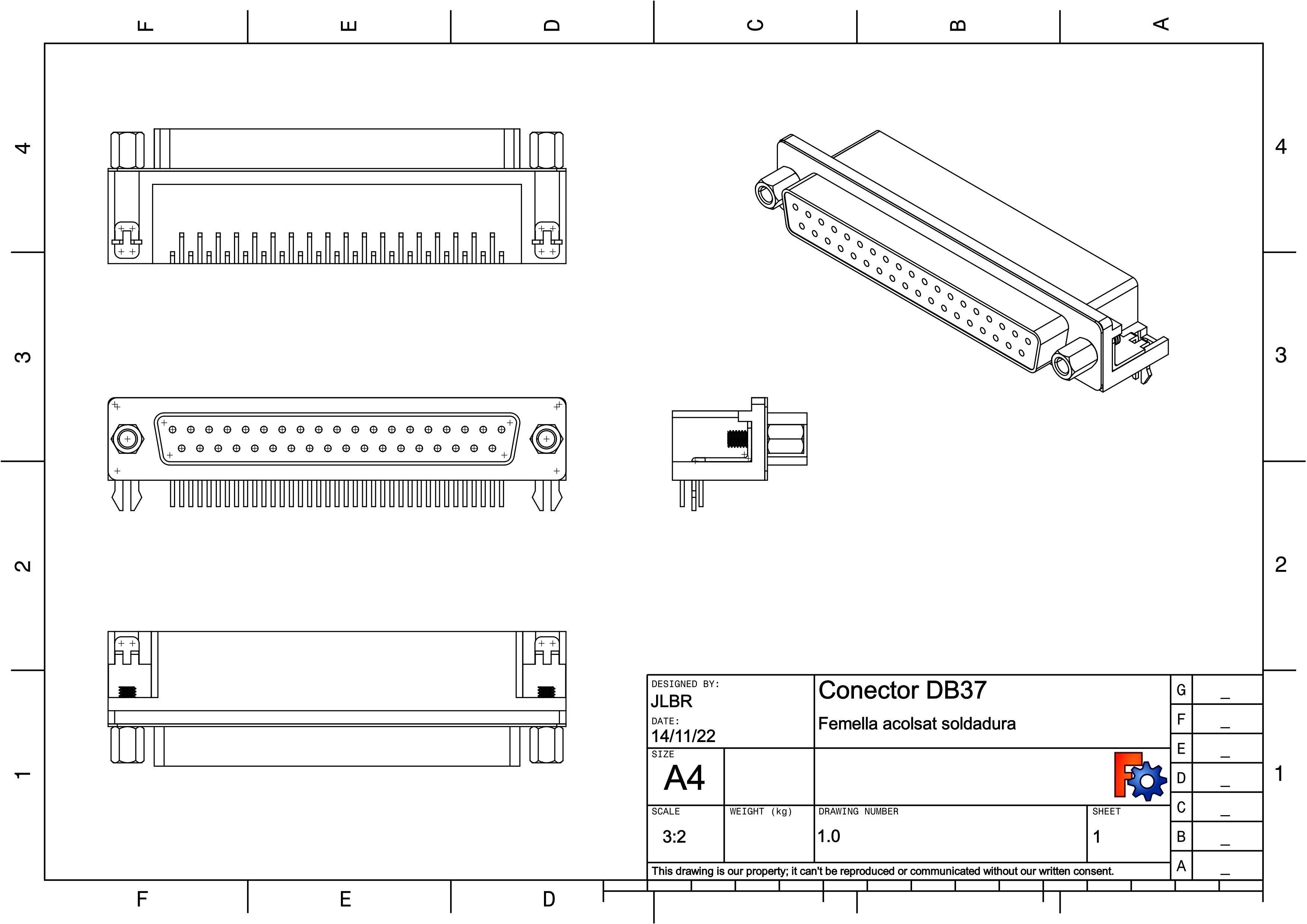 DB37 female cpnnector elbow through hole 3D model | CGTrader