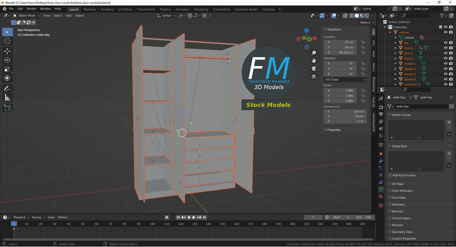 Three-door wardrobe 3D model | CGTrader