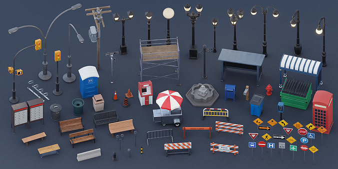 Stylized City Accessories Kit 3D model | CGTrader