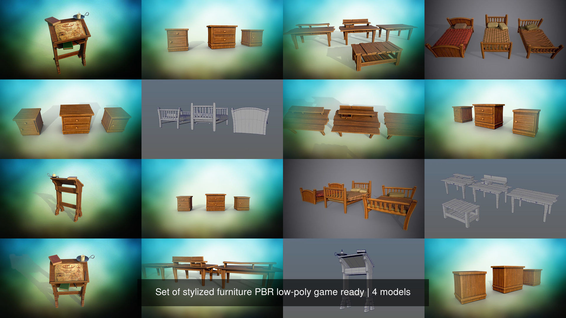 3D Model Collection Set of stylized furniture PBR low-poly game ready ...