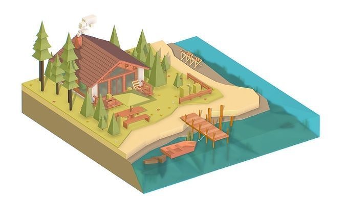 3D model isometric house island coniferous trees cottage VR / AR / low ...