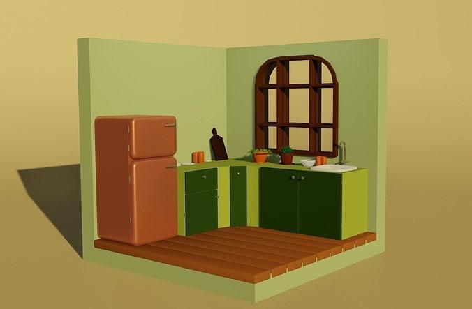 low-poly kitchen with refrigerator and microwave free 3D model | CGTrader