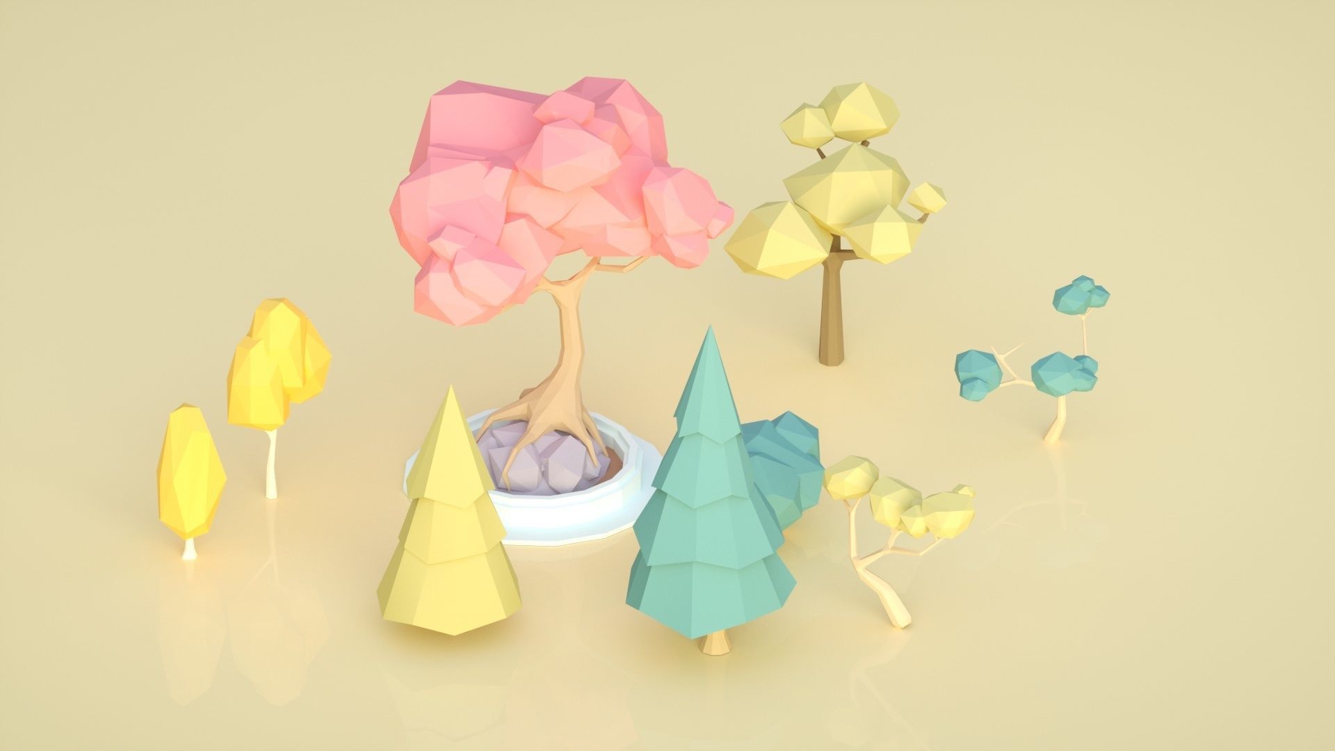 low ploy scene cartoon trees pine trees potted plants 3D model | CGTrader