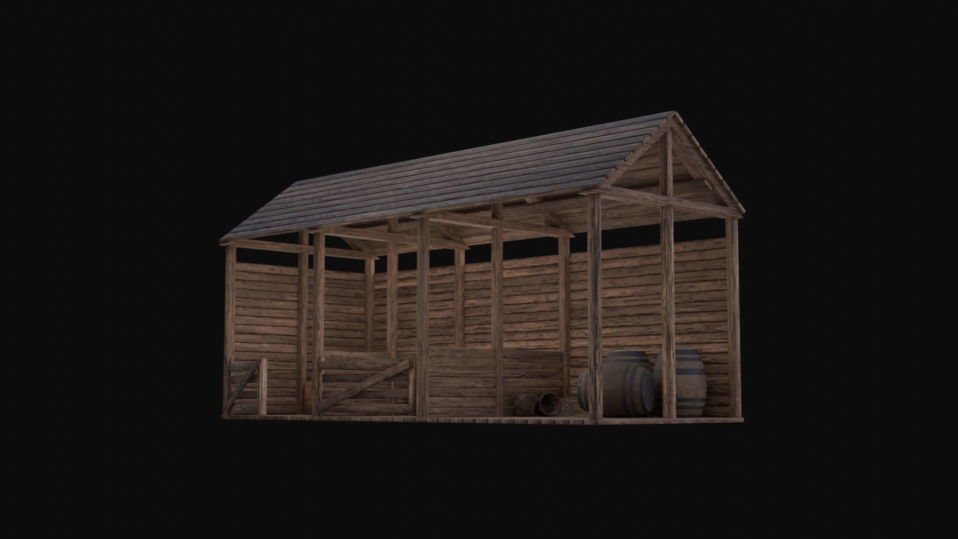 3D model Stable 3D Model wooden building with roof VR / AR / low-poly ...