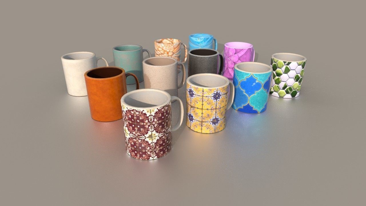 3D model 12 Mugs Porcelain PBR Low Poly VR AR VR / AR / low-poly | CGTrader