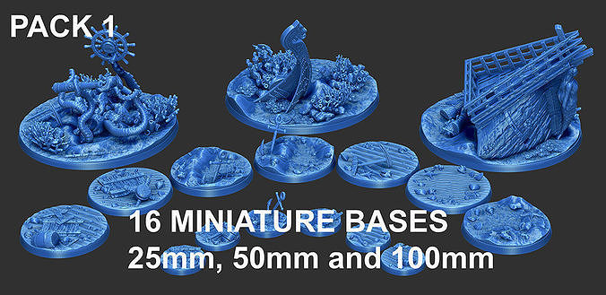PACK 1 - 16 MINIATURE BASES 25mm 50mm and 100mm 3D Print Ready 3D model ...