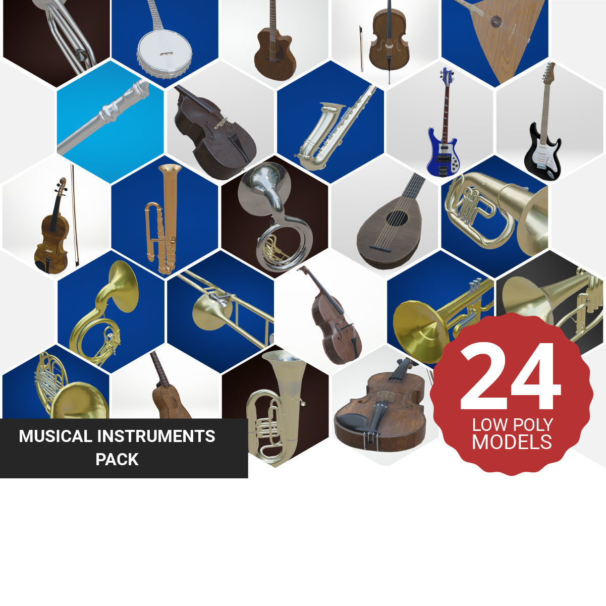 3D Model Collection 24 musical Instruments 3D lowPoly models VR / AR ...