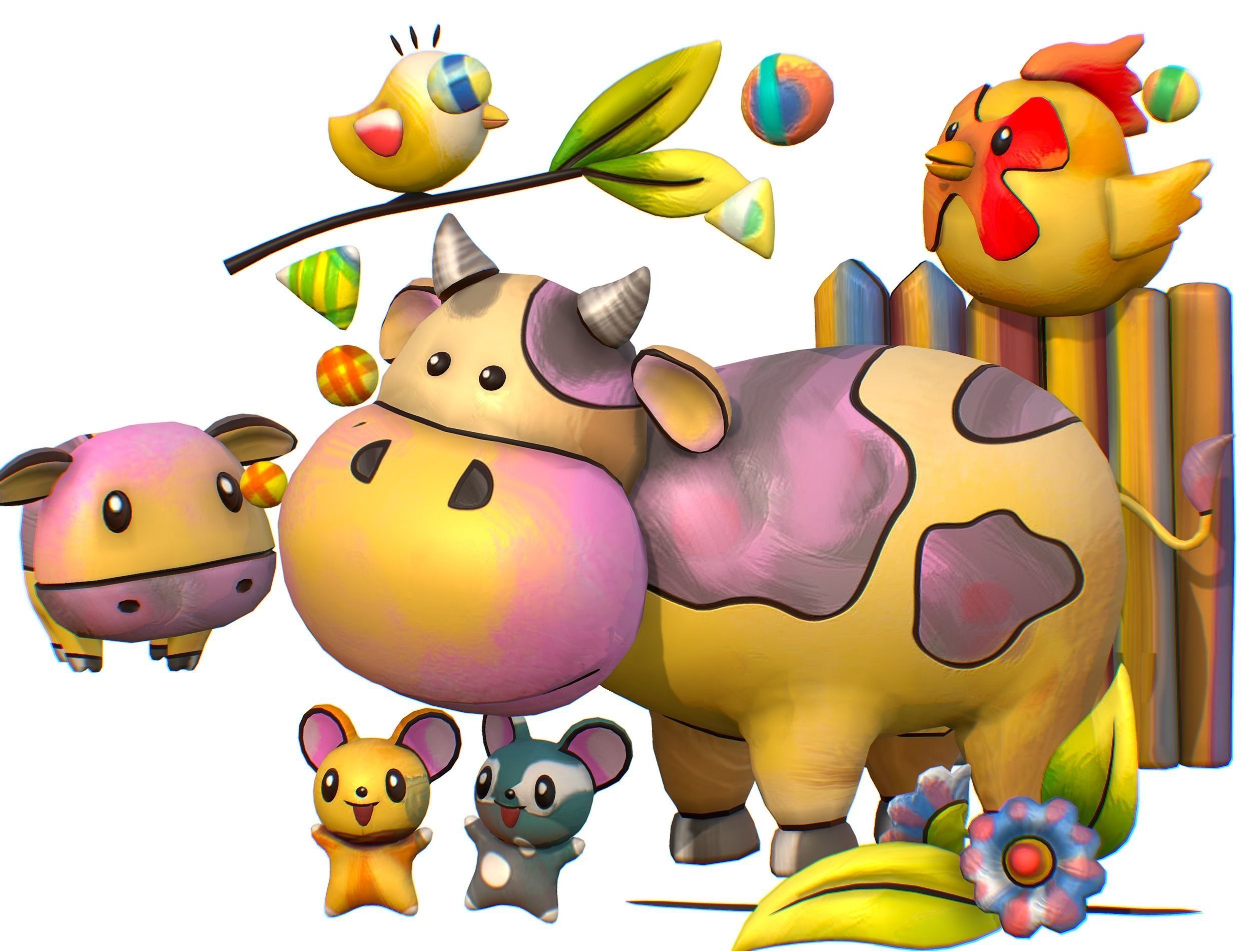 3D model Cartoon 3D illustration Cow Mouse Rooster Chick VR / AR / low ...