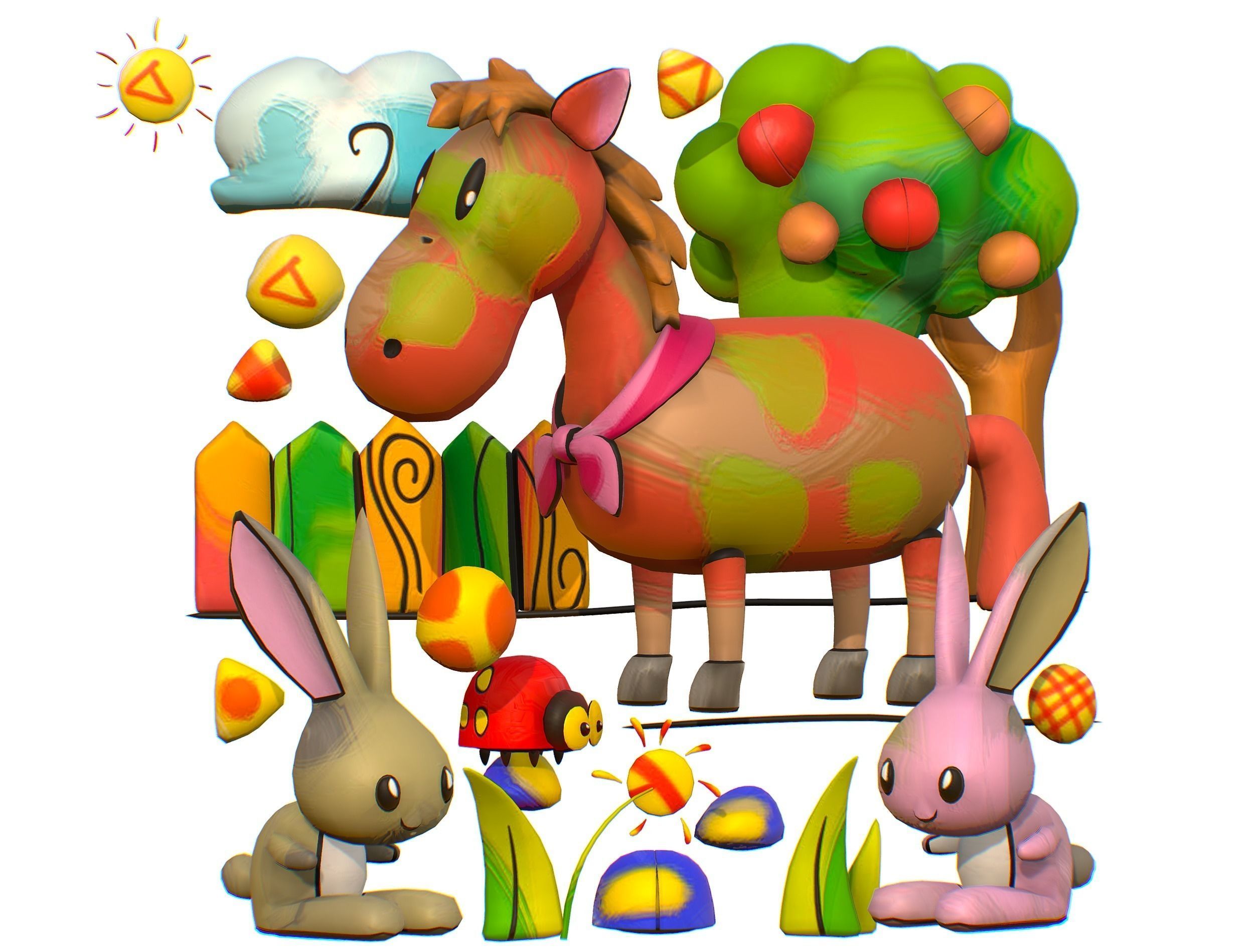 3D model 3D illustration Horse Hare Rabbit Ladybird Wood VR / AR / low ...