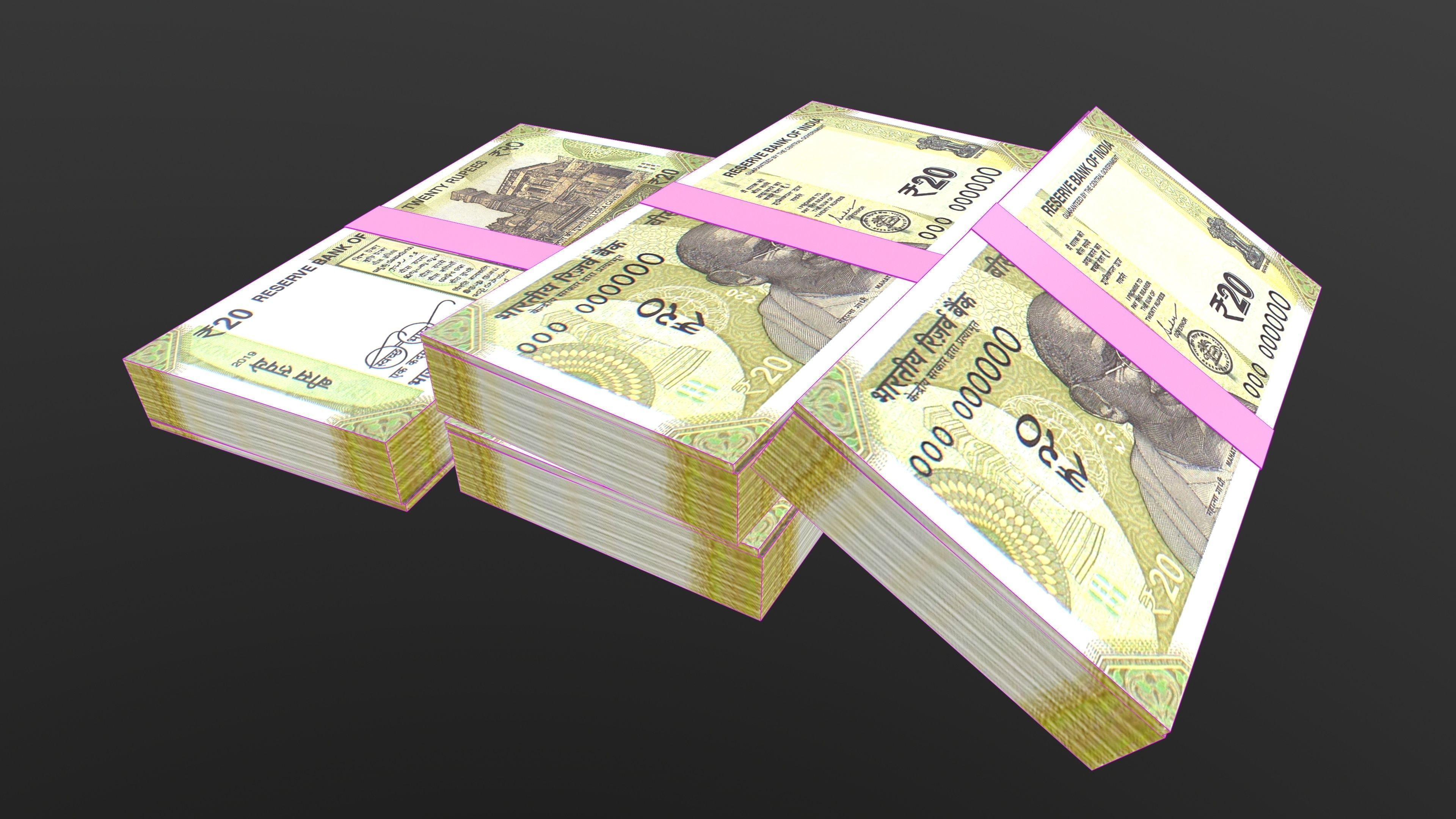 3D model Indian 20 Note Currency Bundle AR VR PBR VR / AR / low-poly ...