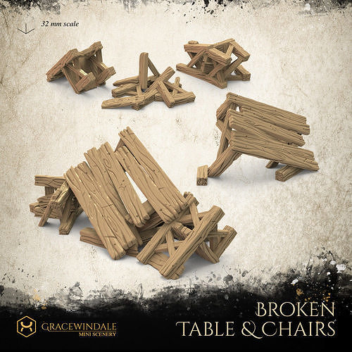 Broken Table and Chairs 3D model 3D printable | CGTrader