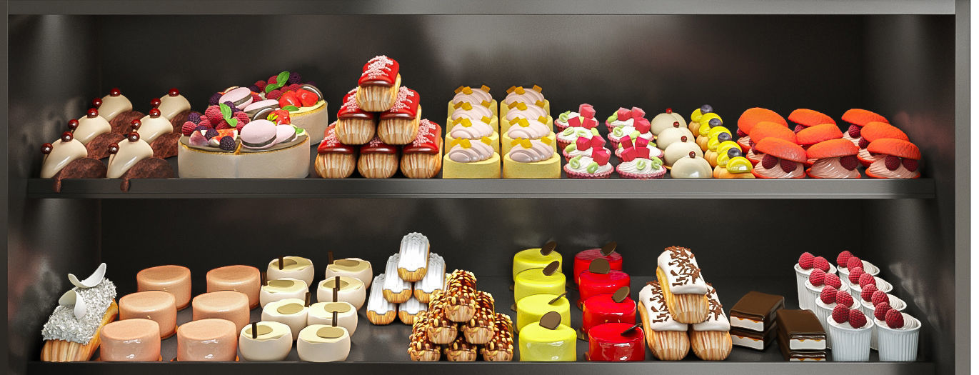 Showcase with desserts cakes and pastries 3D model | CGTrader
