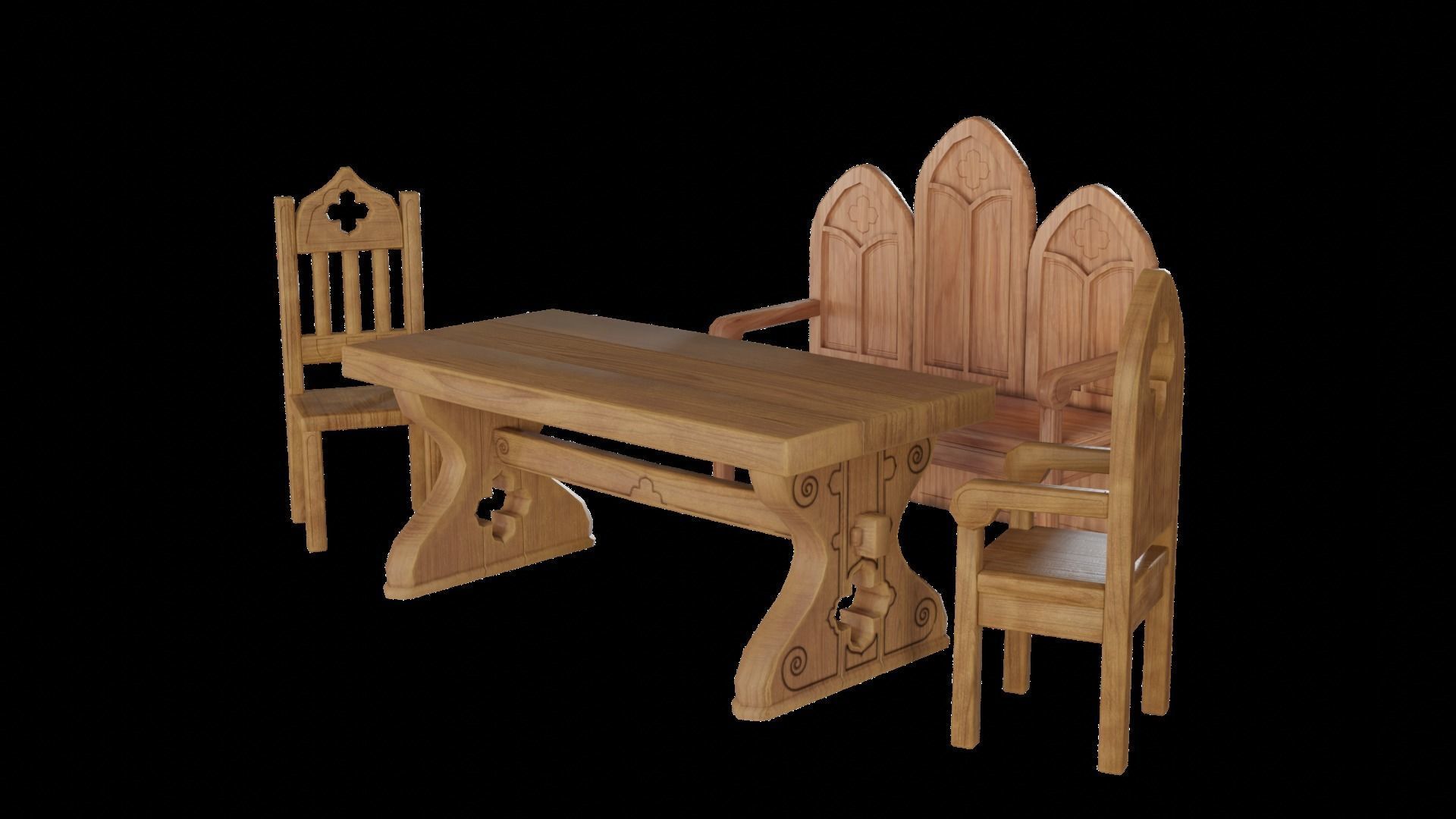 3D model Renaissance Furniture - Table Chairs Bench VR / AR / low-poly ...