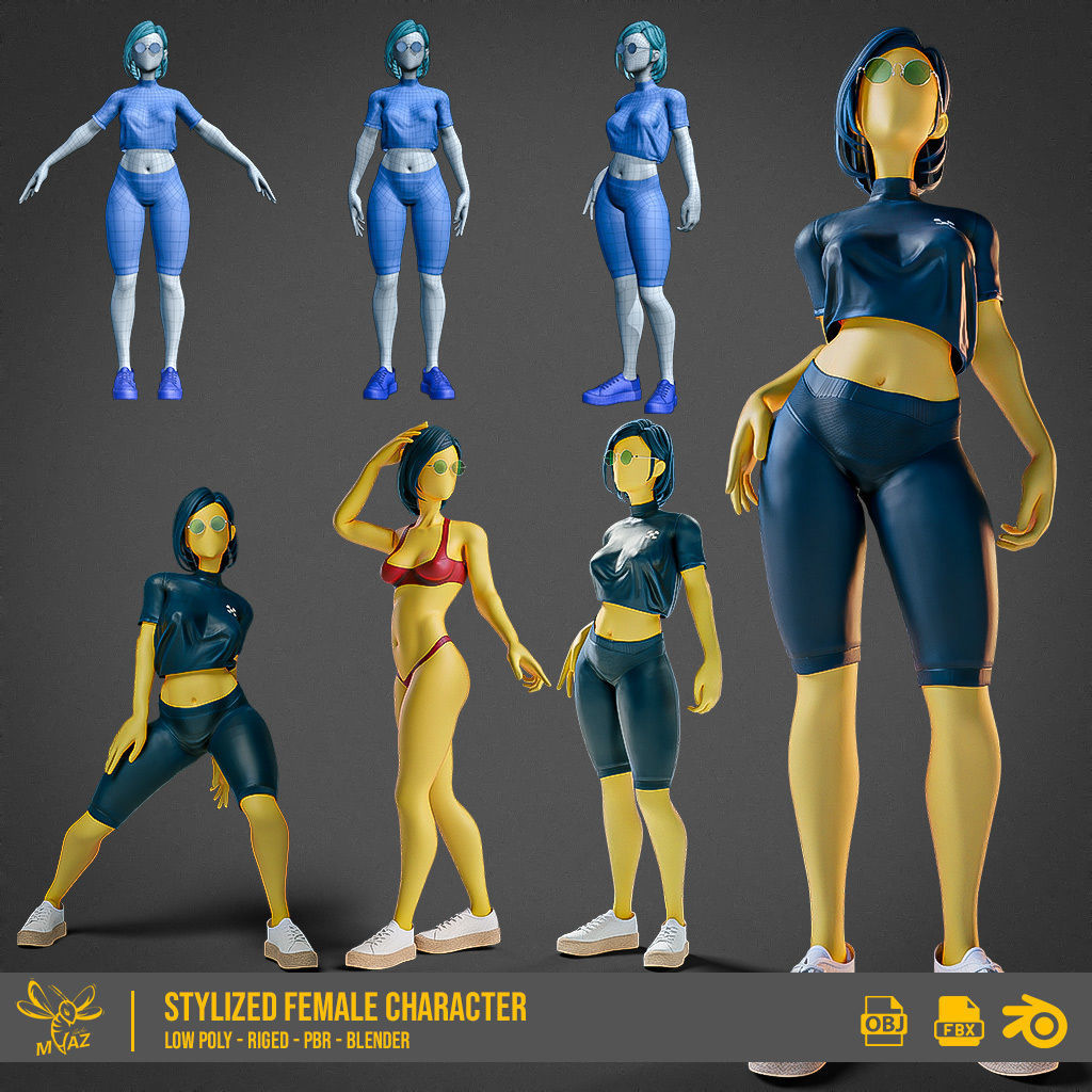 3D model Stylized motion design female character VR / AR / low-poly ...