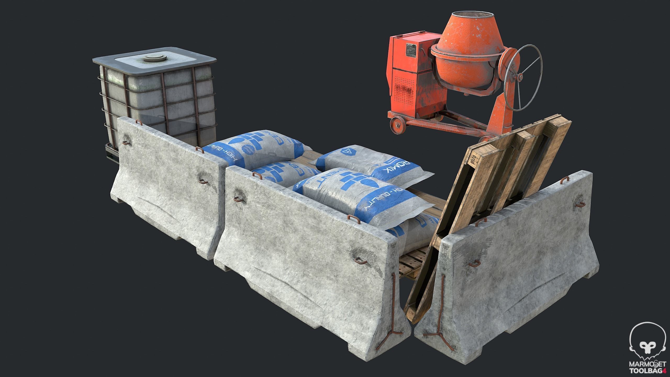 3D model Concrete Mixer - Water Tank -Pallet-Cement Bag - Concrete ...