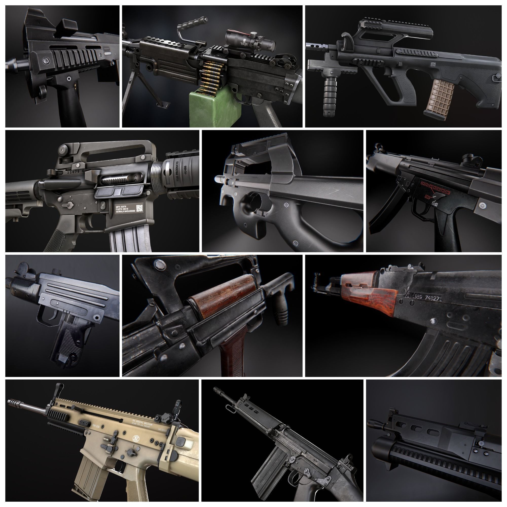 3D model Modern AAA Game Ready weapons pack Assault Rifles SMGs and LMG ...