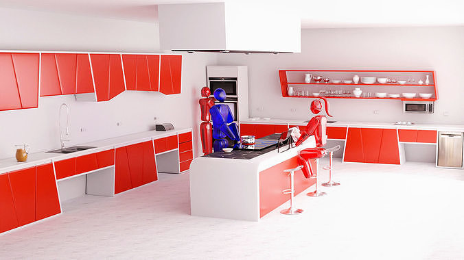 Kitchen futuristic orange color 3D model | CGTrader