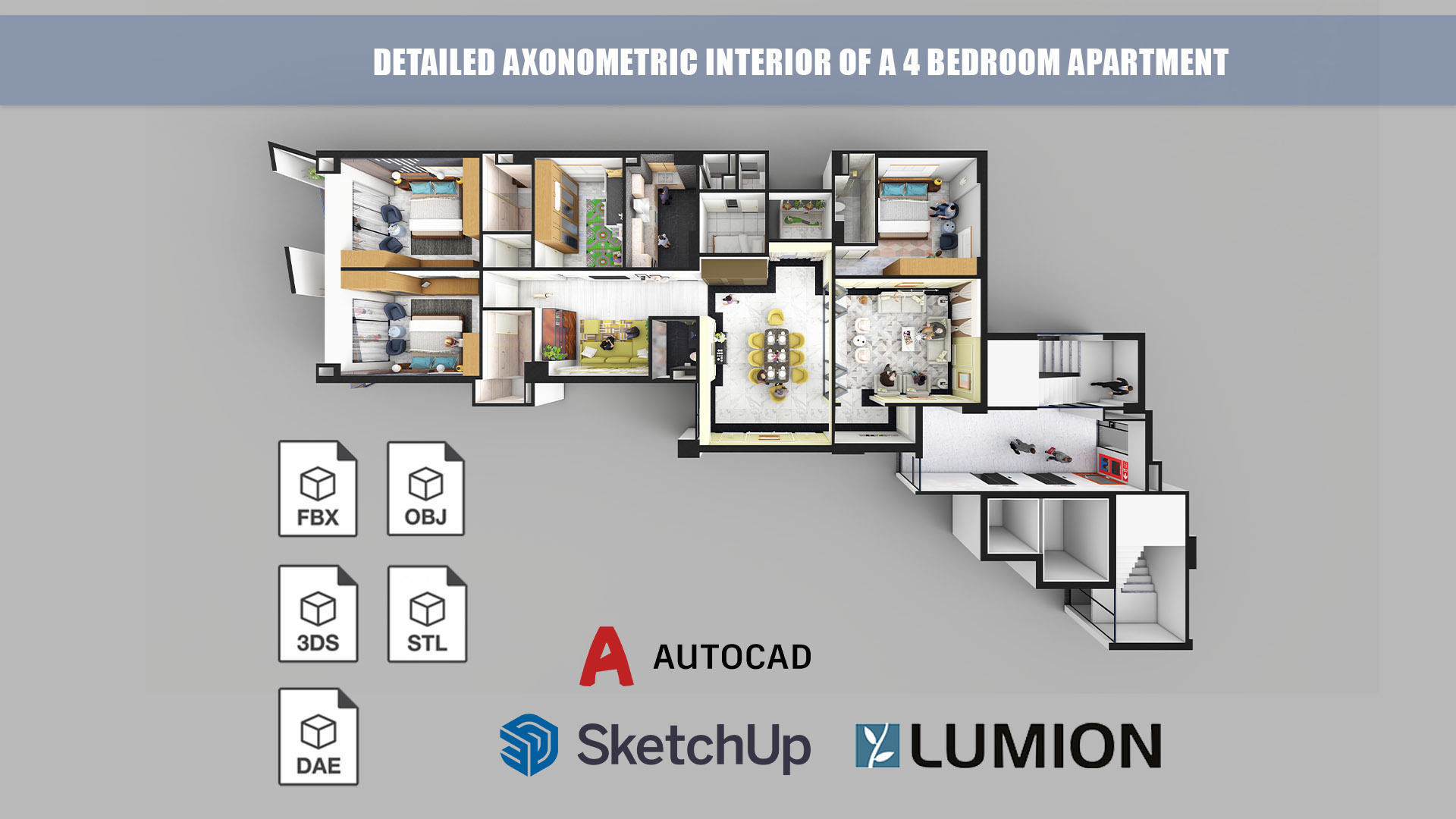 Detailed Axonometric Interior of a 4 bedroom apartment 3D model | CGTrader