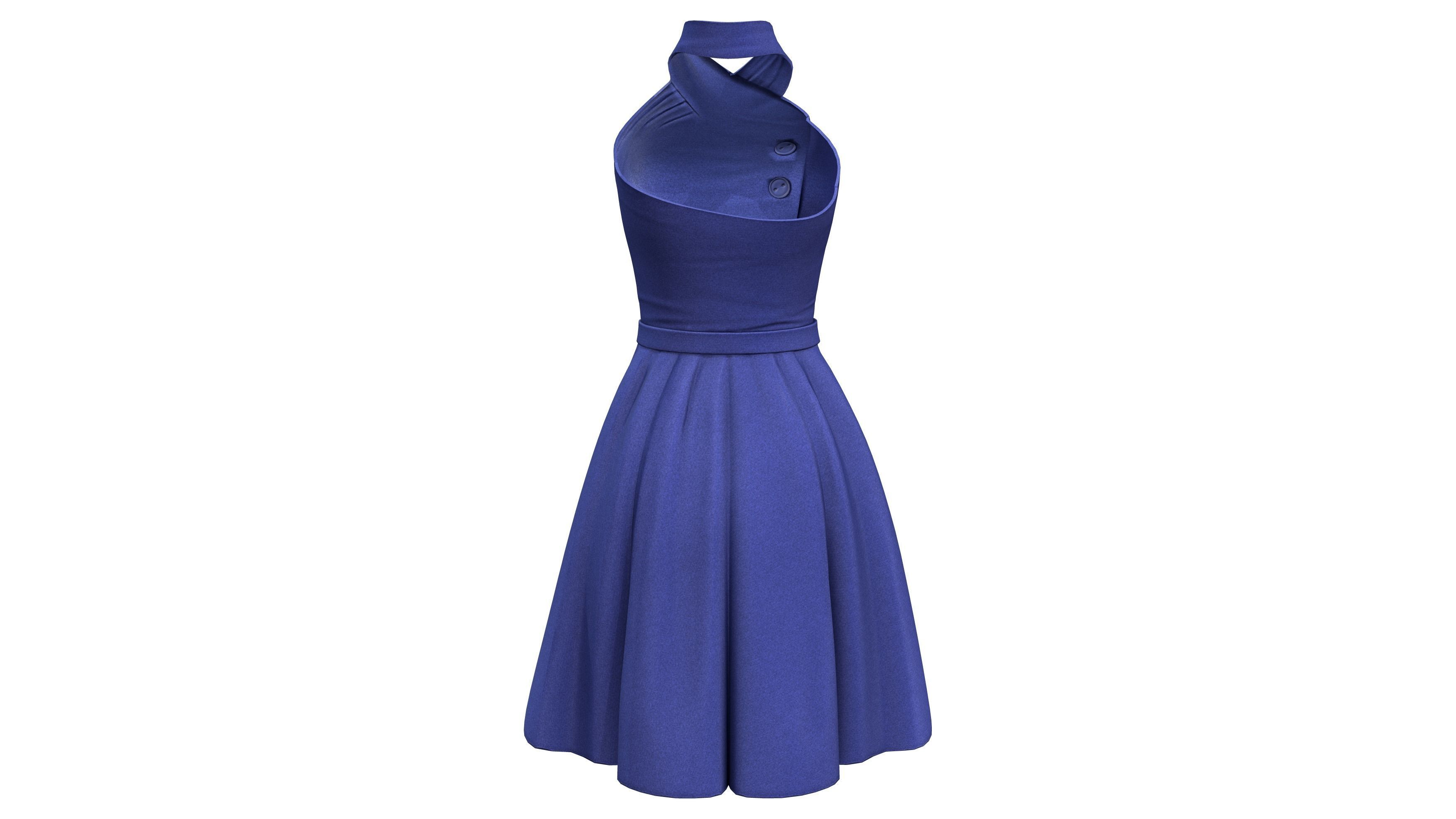 3D model Female Retro Vintage Blue Halter Dress VR / AR / low-poly ...