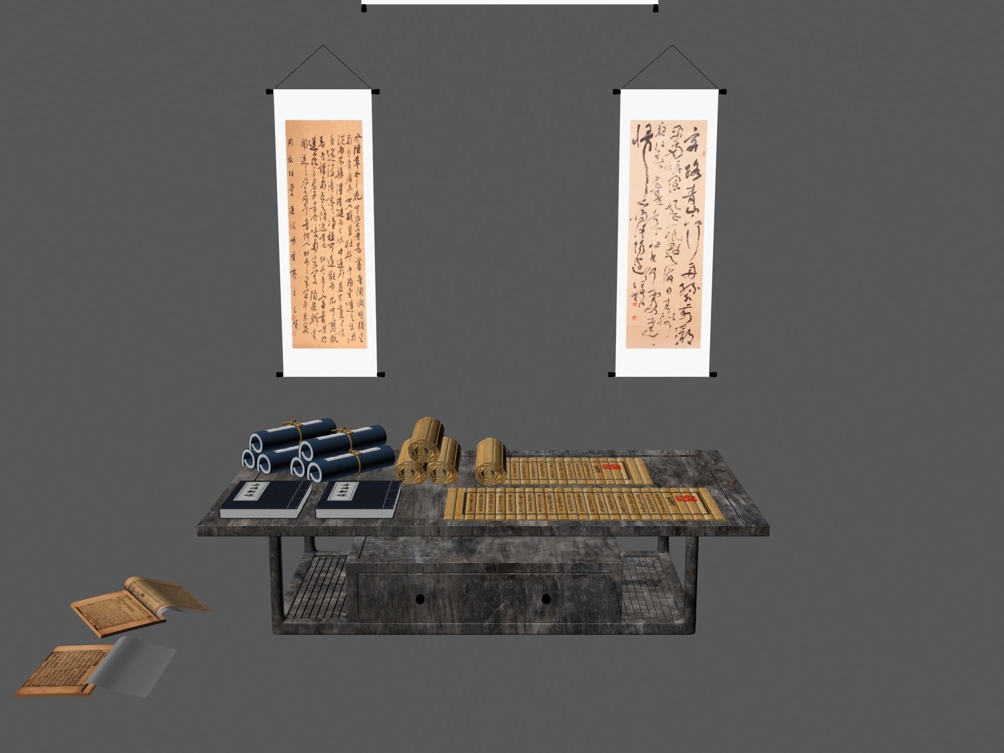 Ancient Chinese books wooden slips desk 3D model | CGTrader