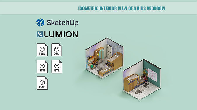 Isometric interior view of a kids bedroom 3D model | CGTrader