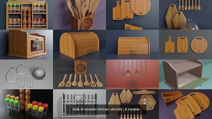 3D Model Collection Sets of wooden kitchen utensils VR / AR / low-poly ...