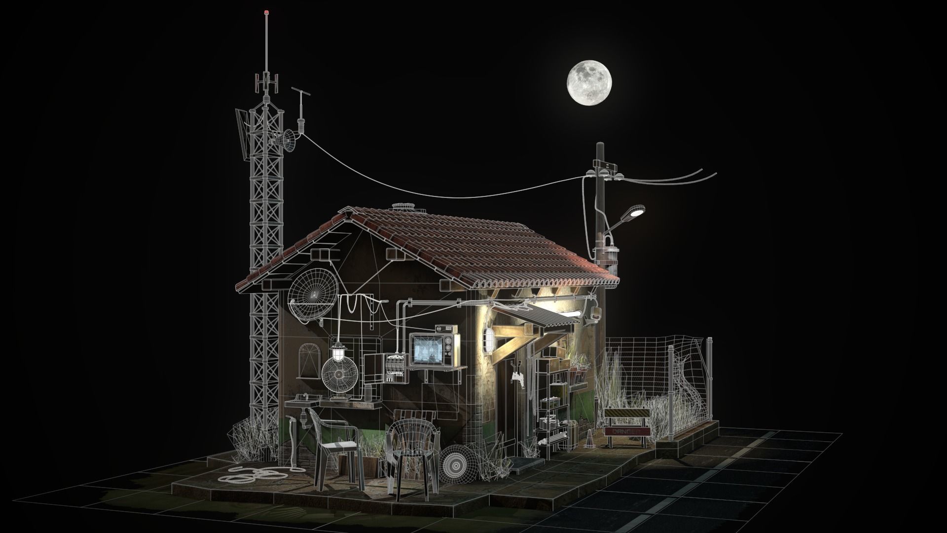 3D model Night city street scene Low-poly 3D model VR / AR / low-poly ...