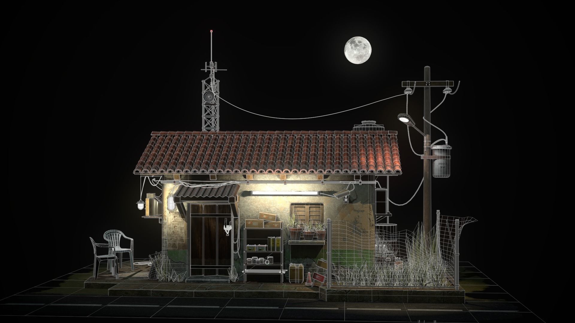 3D model Night city street scene Low-poly 3D model VR / AR / low-poly ...