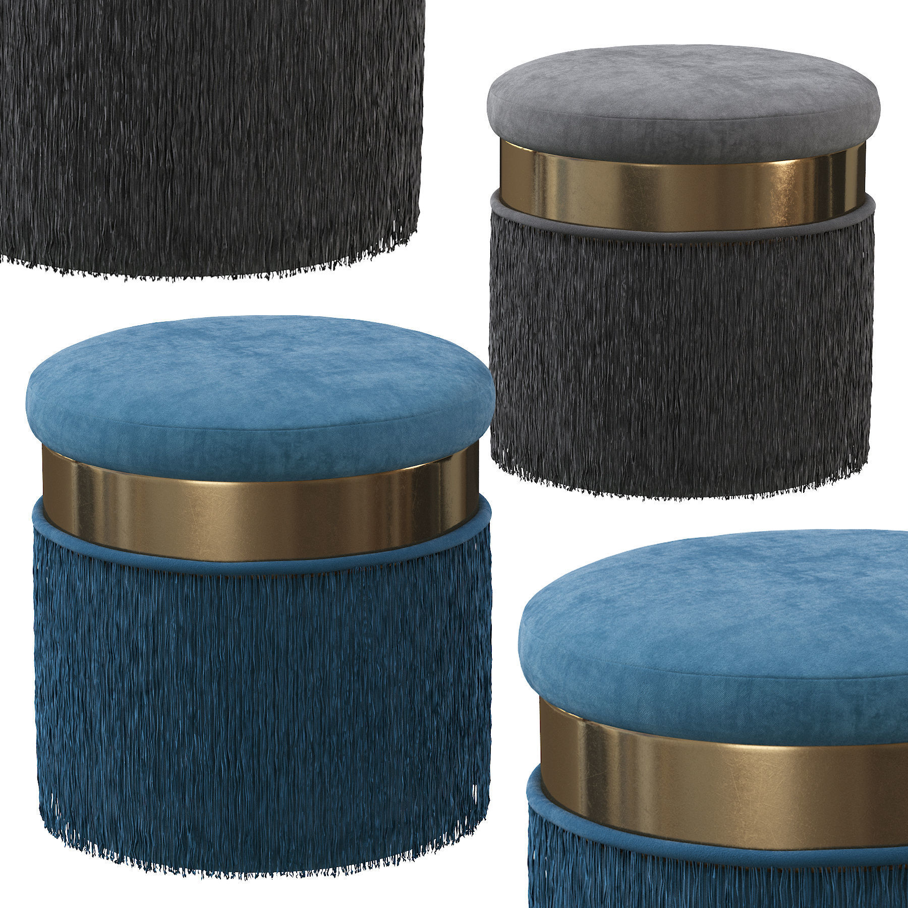 BLUSH MAUVE PINK LONG FRINGED ROUND VELVET OTTOMAN FOOTSTOOL 3D model ...