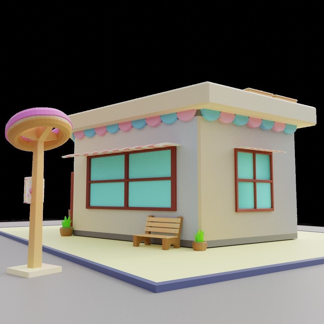 3D model Low Poly Patisserie donut shop with tables and chairs VR / AR ...