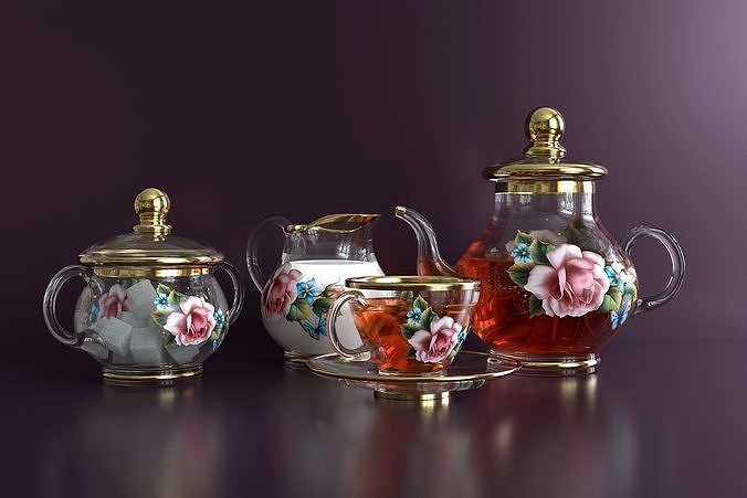 Glass tea set with flowers 3D model | CGTrader