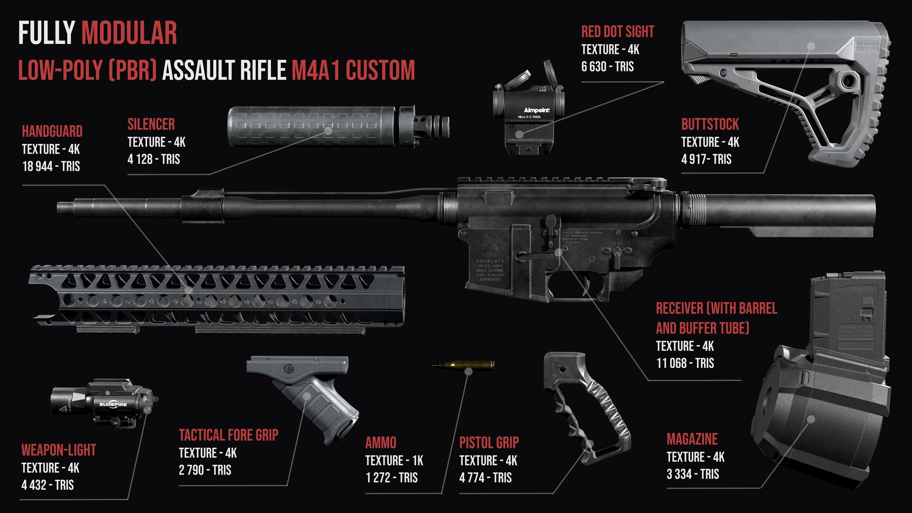 3D model Tactical modular assault rifle Colt M4A1 Custom VR / AR / low ...