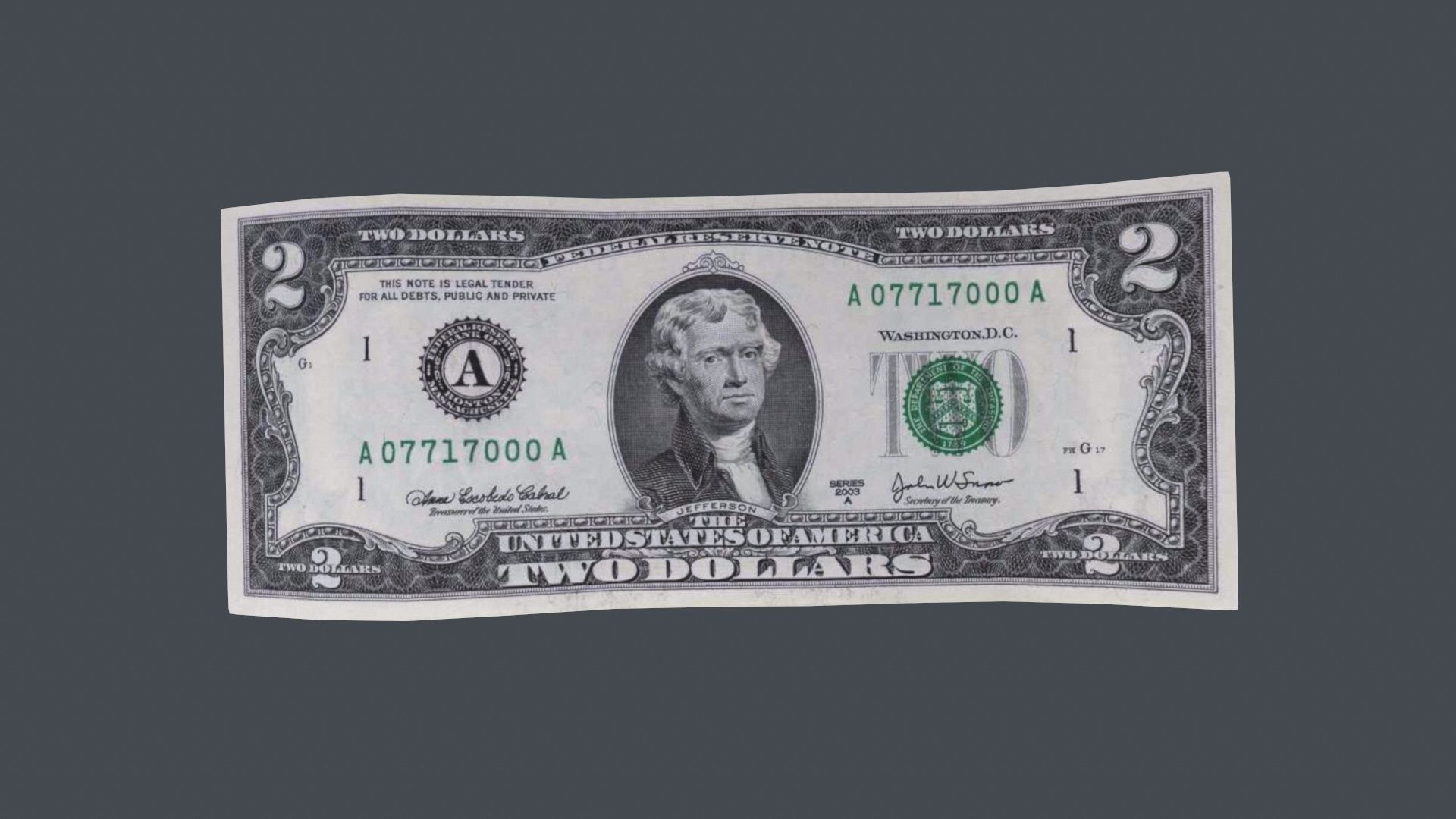 3D model 2 Dollar Bill 3D Model VR / AR / low-poly | CGTrader