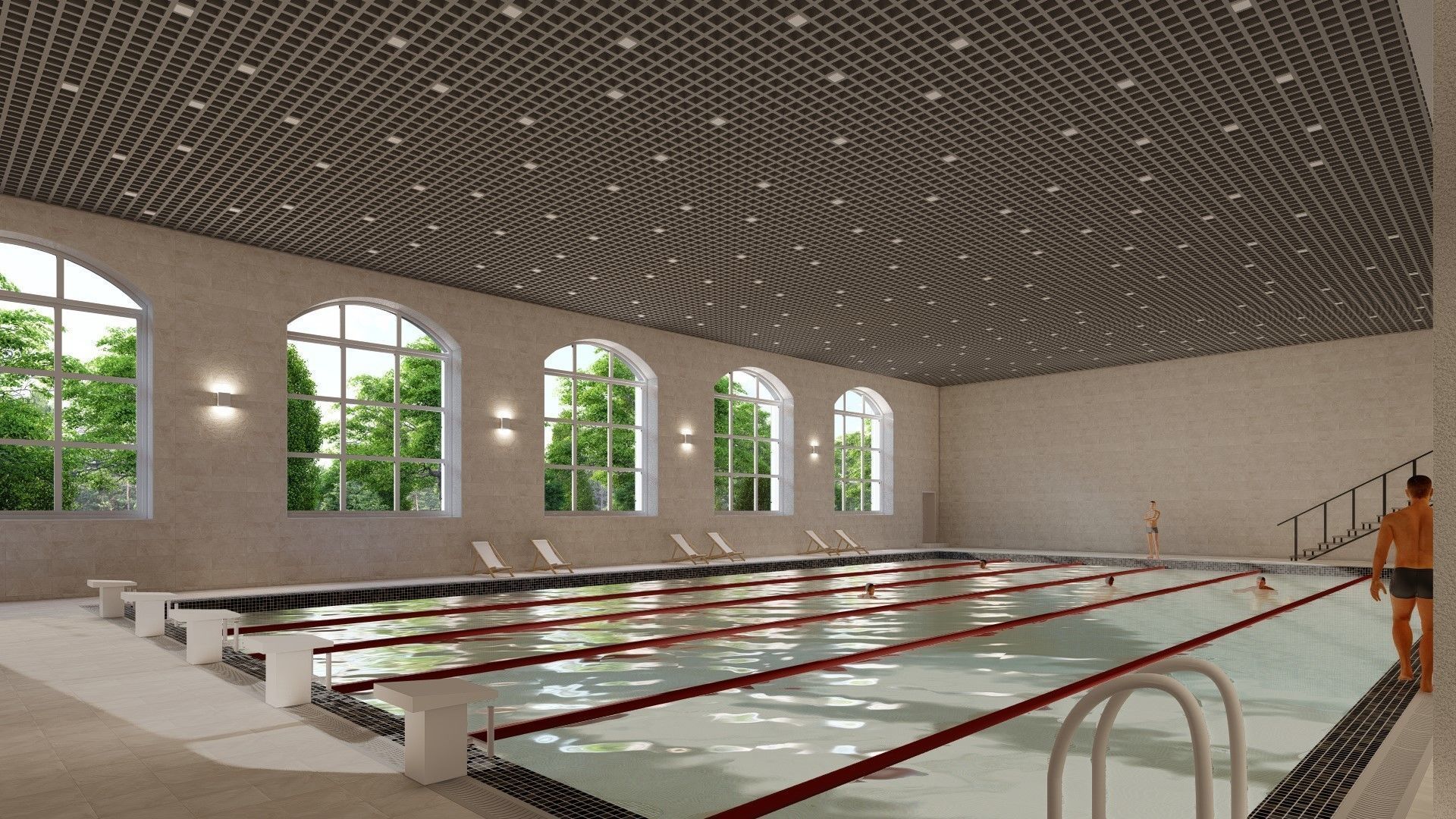 3D model of a public building with a swimming pool interior 3D model ...