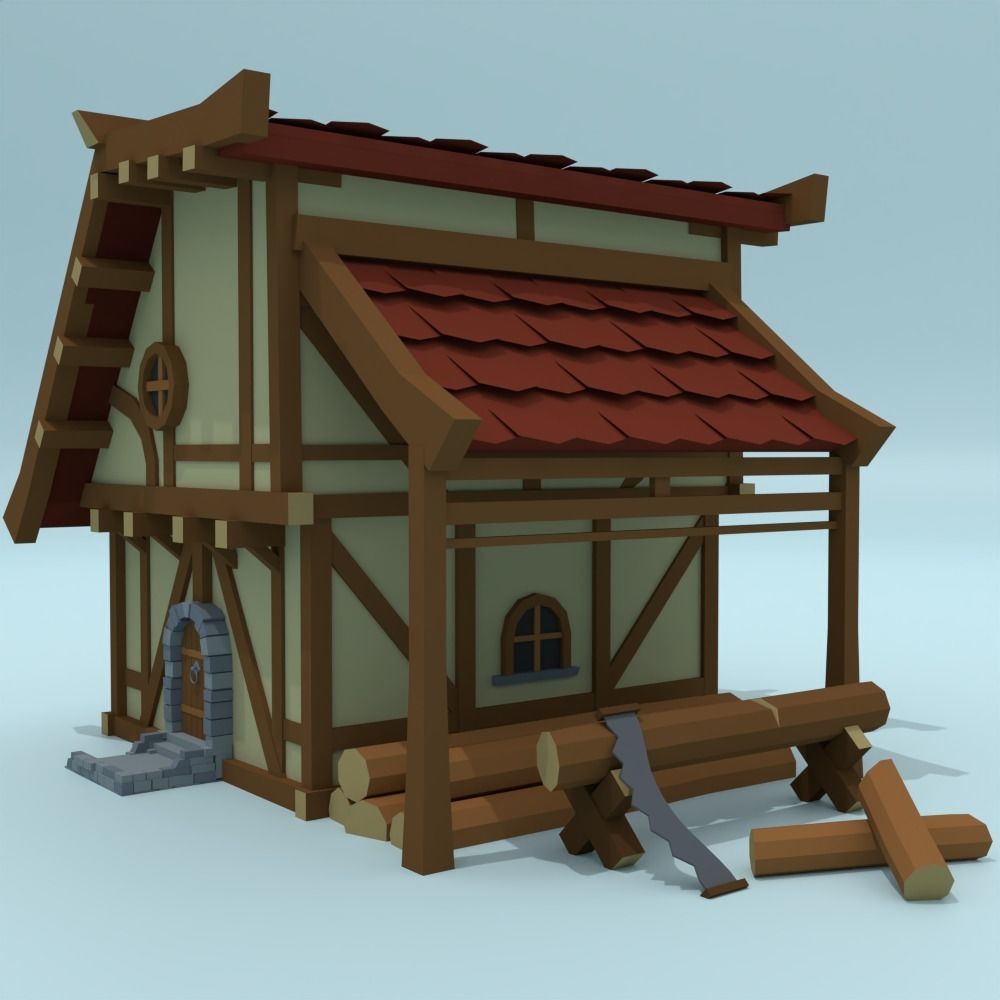 3D model sawmill Low-poly 3D model wooden house with logs VR / AR / low ...