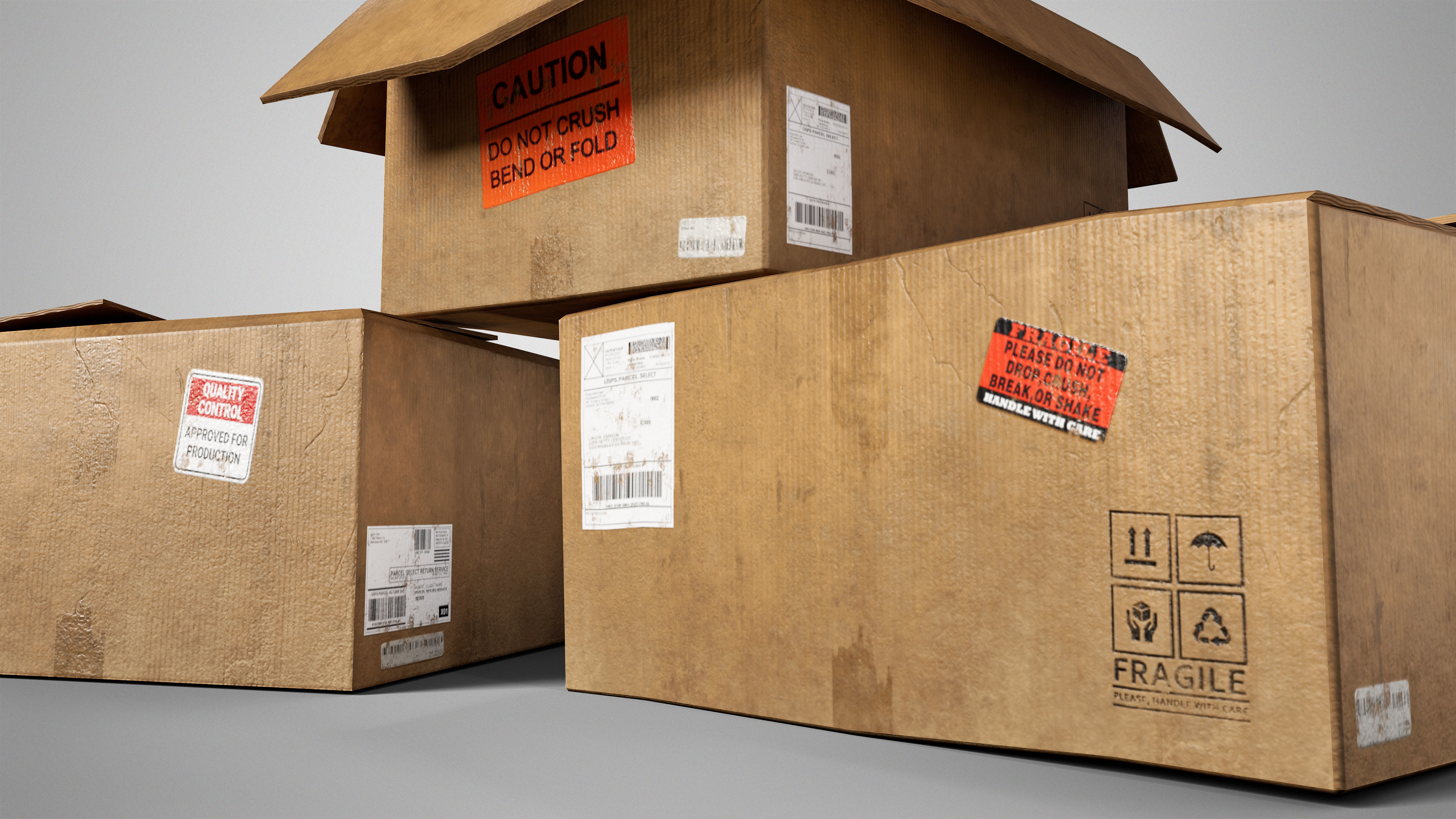 3D model Set of 3 Cradboard Boxes - PBR Low-Poly Game Ready Storage Box ...