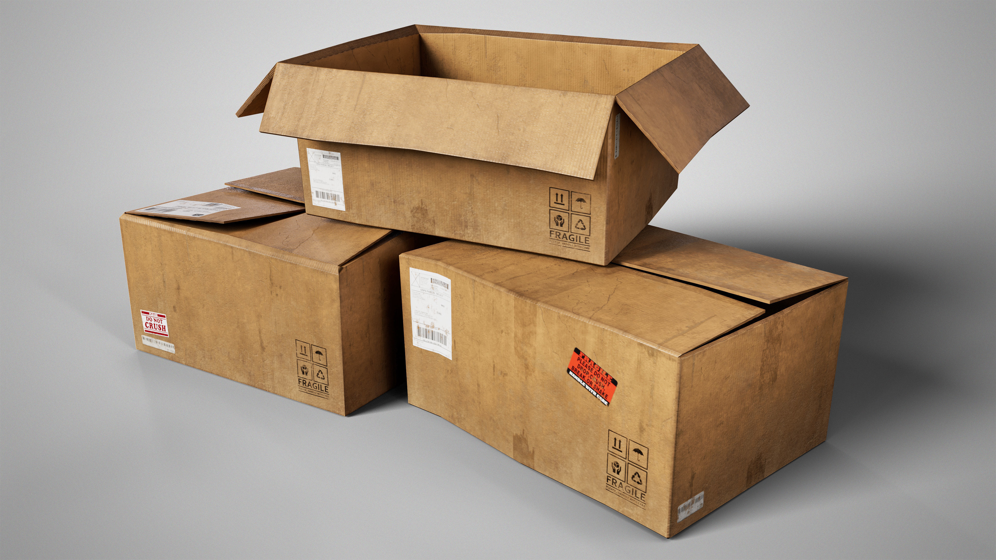 3D model Set of 3 Cradboard Boxes - PBR Low-Poly Game Ready Storage Box ...